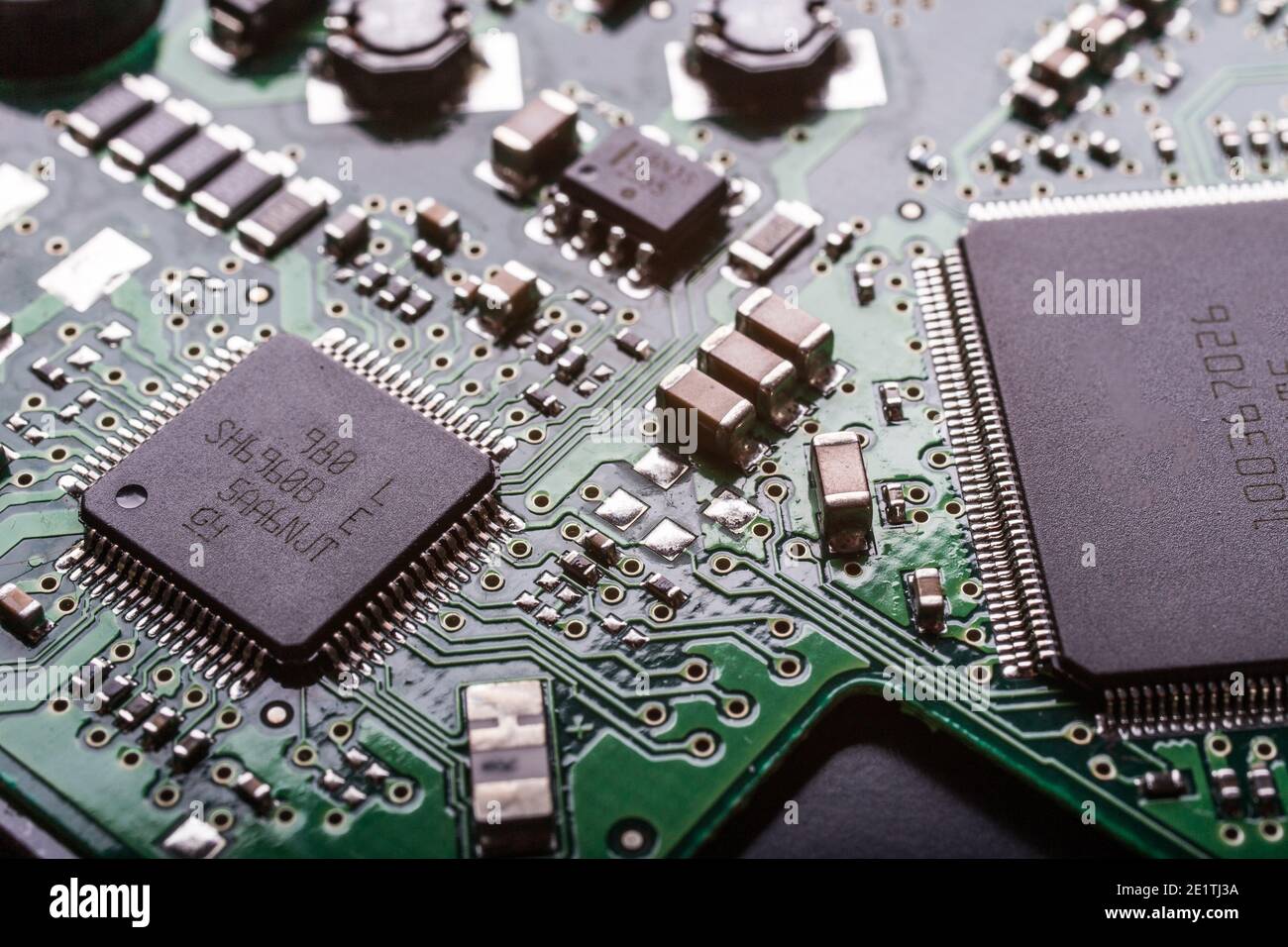 Computer circuits hardware close up. Motherboard parts, chips ...