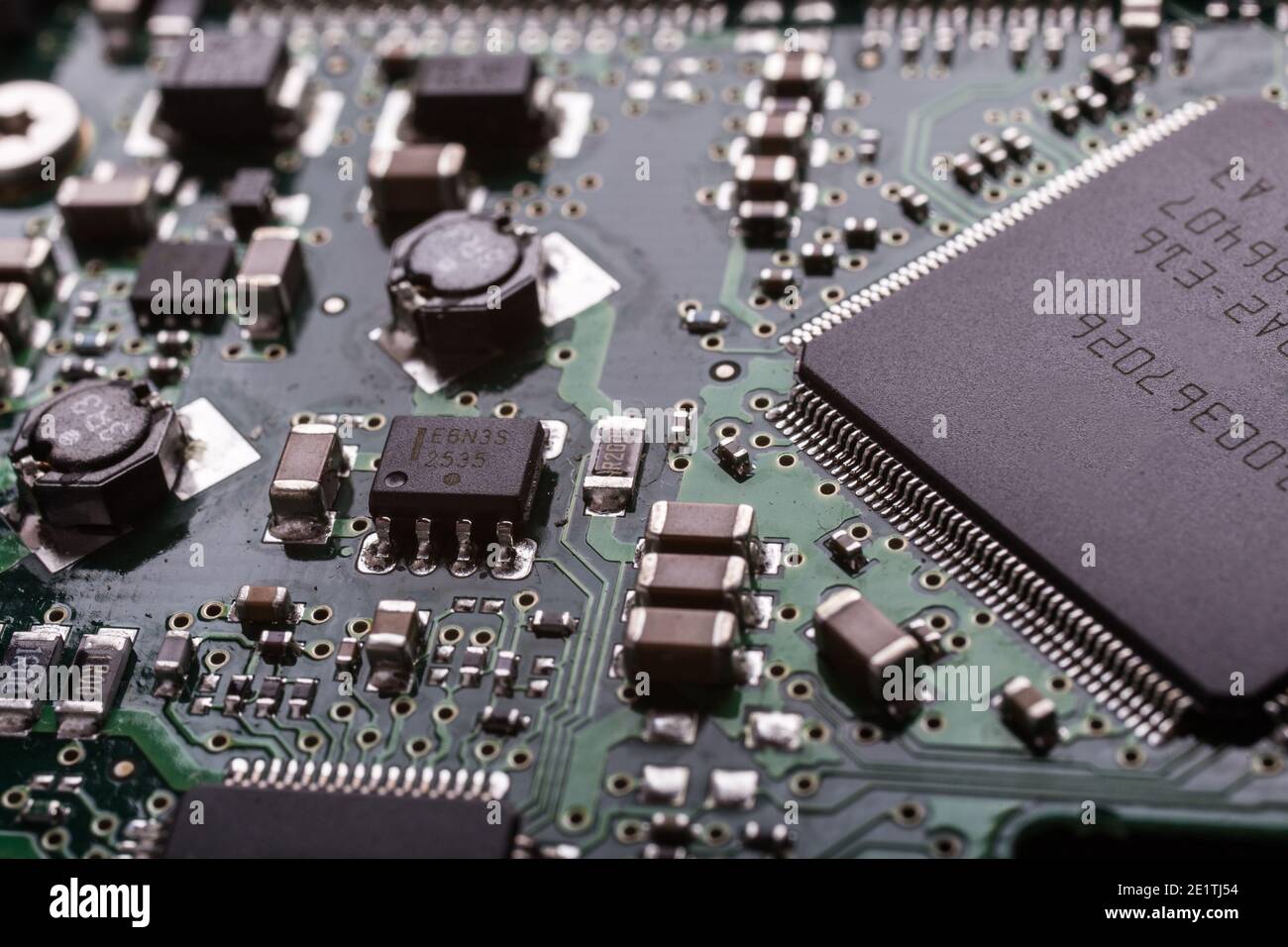 Computer circuits hardware close up. Motherboard parts, chips ...