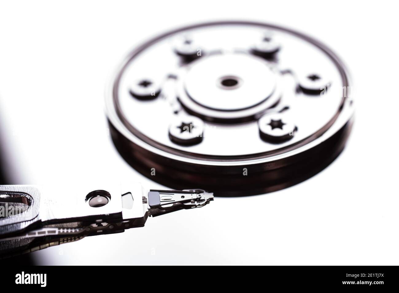 Macro view of spindle of the open hard disk drive, HDD, detail Stock ...