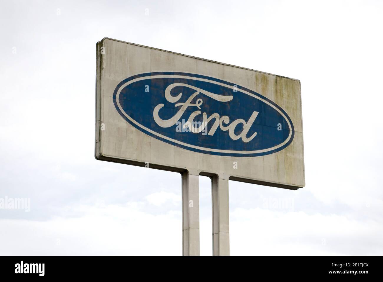 A Ford sign at the Ford engine plant in Bridgend, Wales, United Kingdom ...
