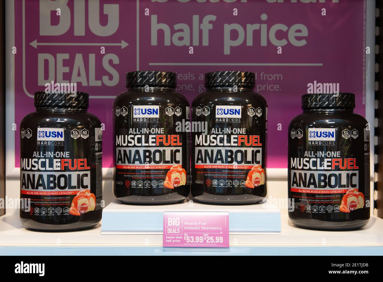Large Musclefuel anabolic supplement on sale on a shelf in a ...