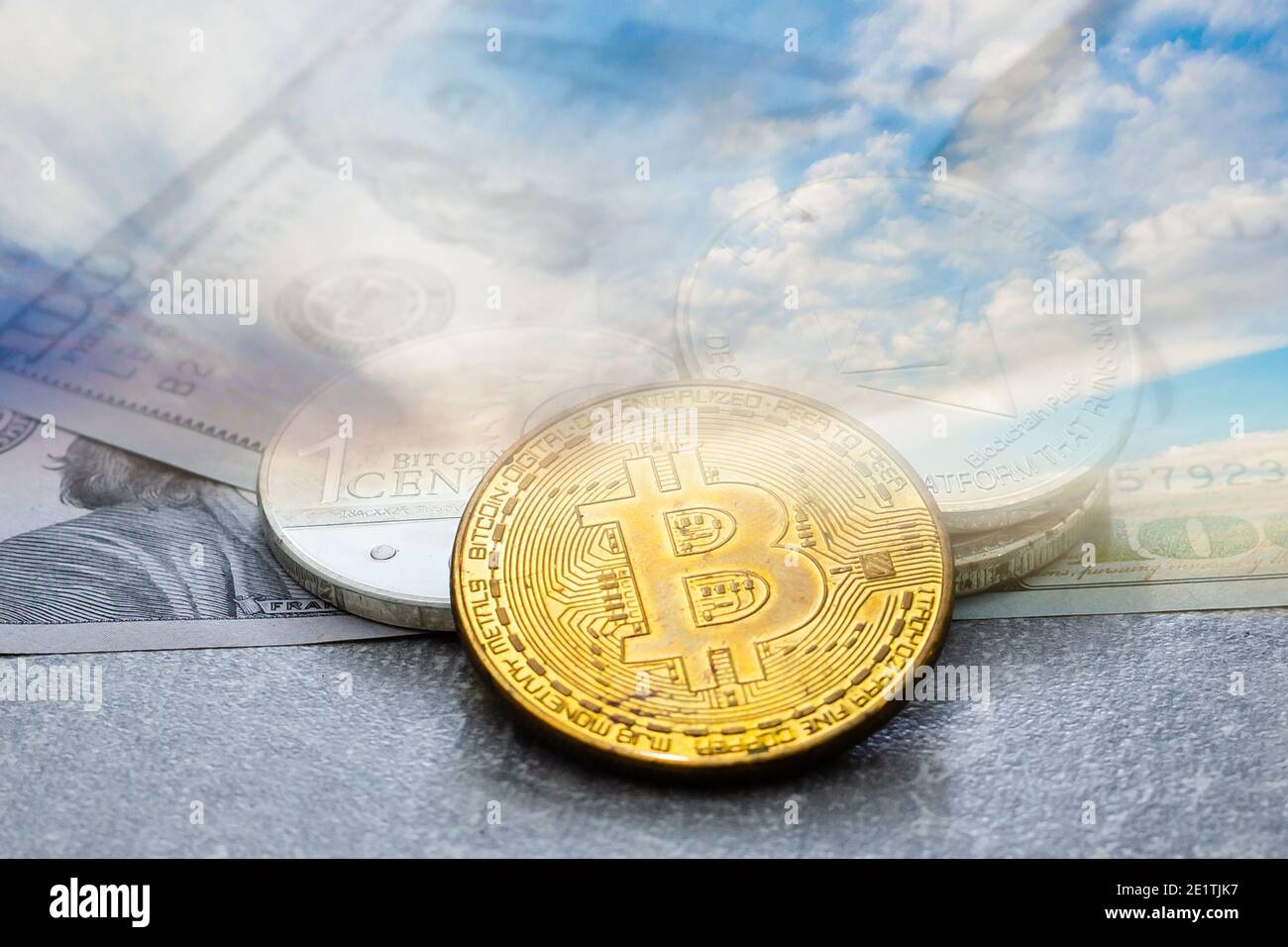 Photo Golden Bitcoins new virtual money cryptocurrency and banknotes of ...