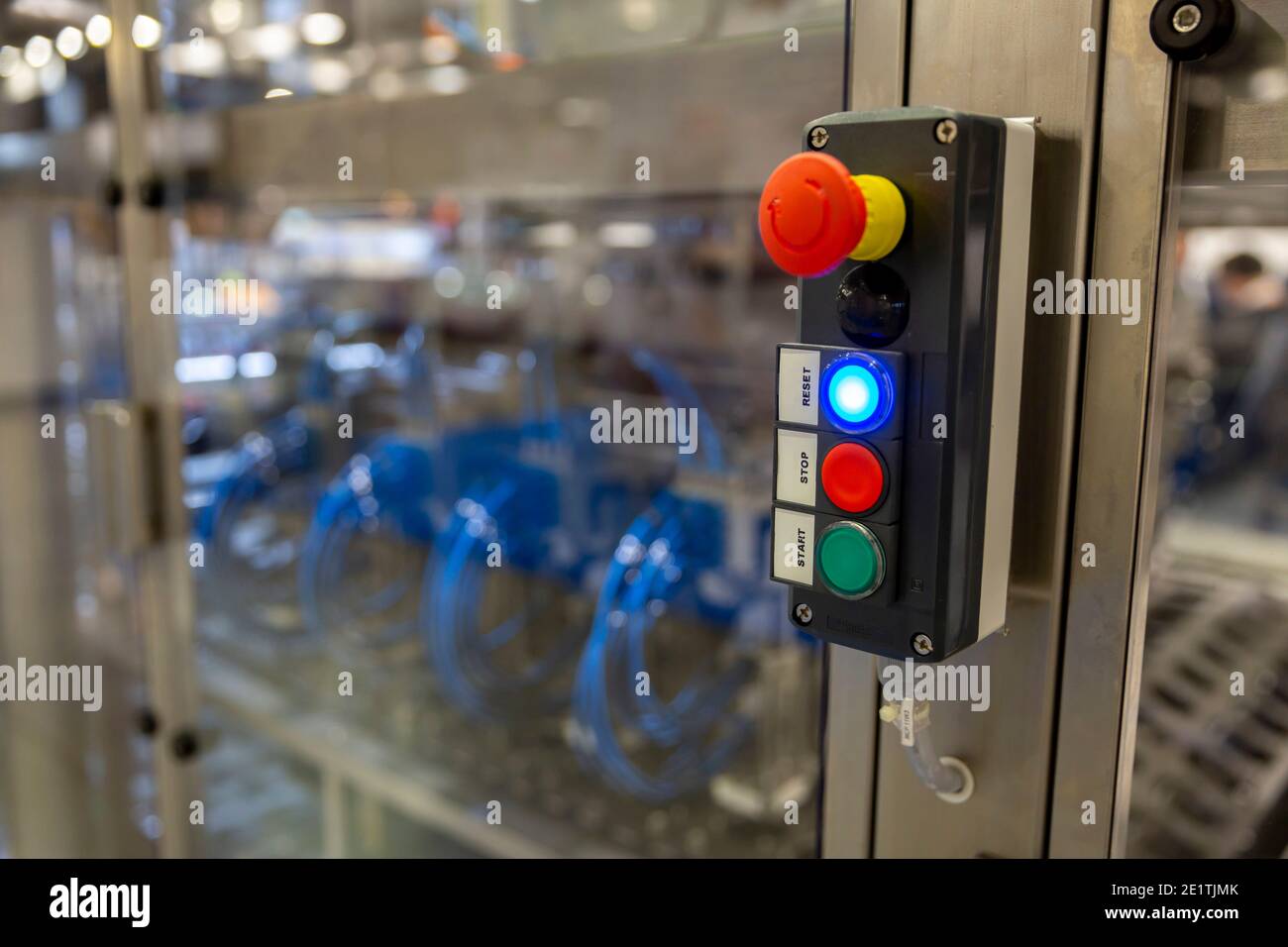 Start Stop Reset buttons of an automatic food packing machine for ...