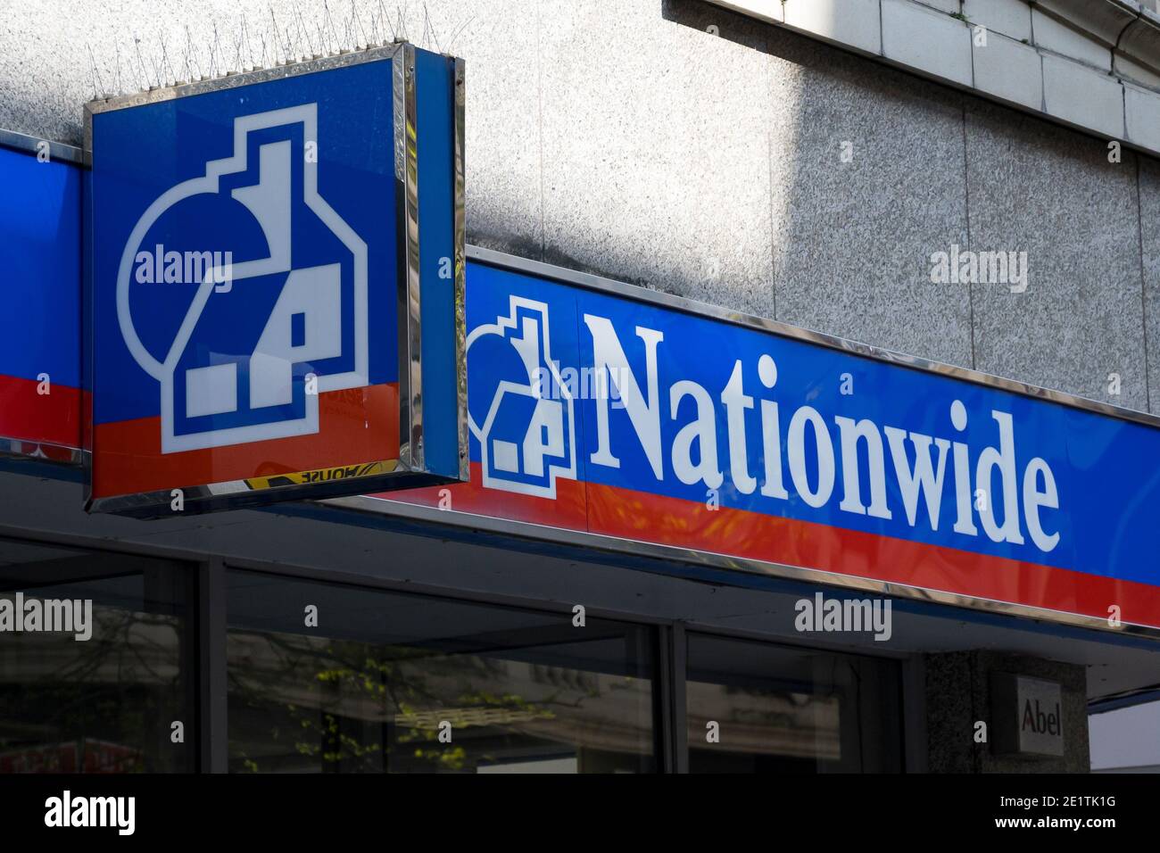 A close-up of a Nationwide Building Society sign in Cardiff, Wales ...
