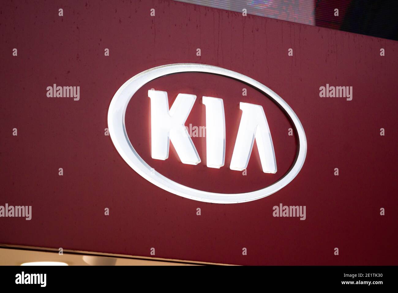 A close-up of a Kia car showroom sign in Cardiff, Wales, United Kingdom ...