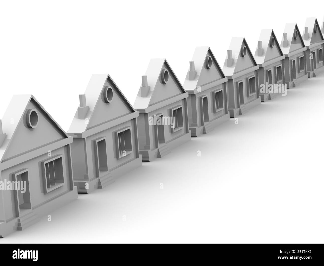 Houses lined up in rows. Symbolic houses built in a row on a white ...