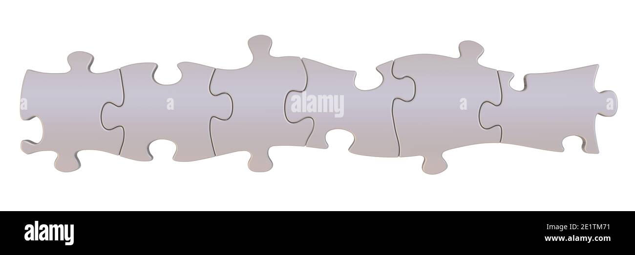 Six gray pieces of a puzzle arranged in row on white background ...