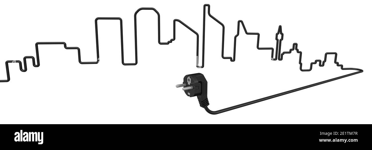 Electrification of the city. Contour of the city from electrical wire ...