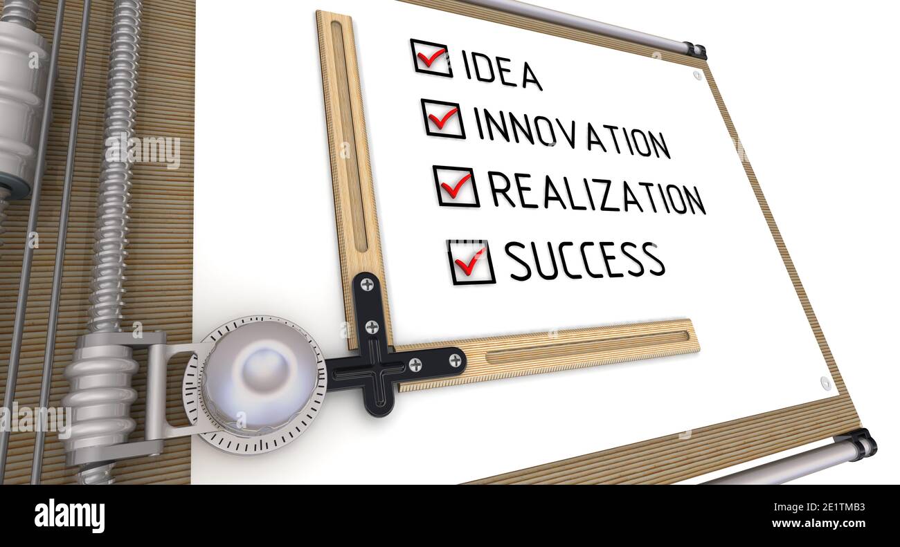 Business strategy: idea, innovation, realization, success on drawing ...