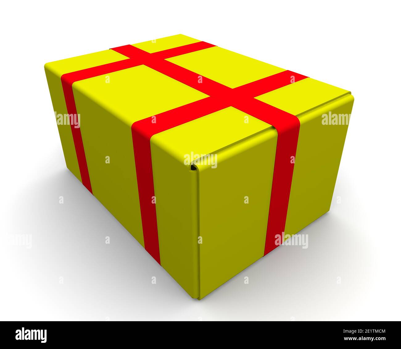 Yellow parcel. Closed yellow box wrapped with a red tape is on a white ...