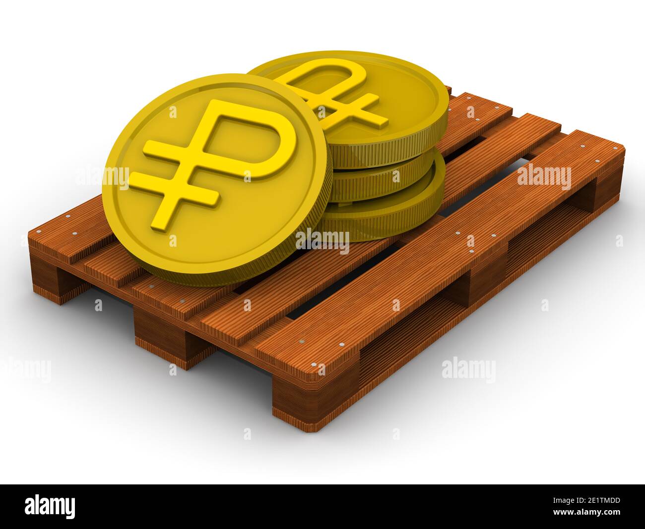 Russian rubles on the pallet. Gold coins with the symbol of the Russian ...