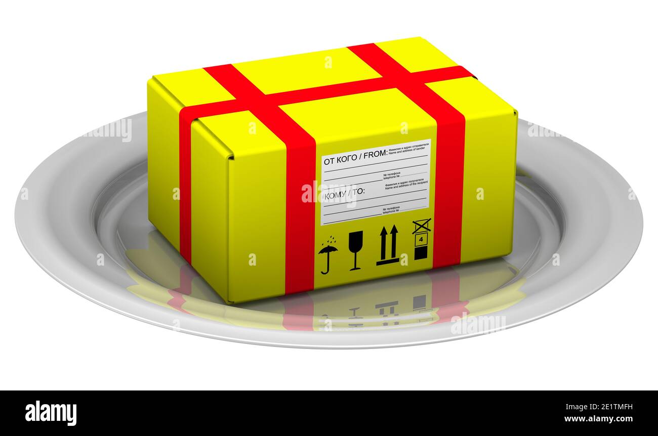 Package on a plate. Yellow parcel lies on a plate. Isolated. 3D ...