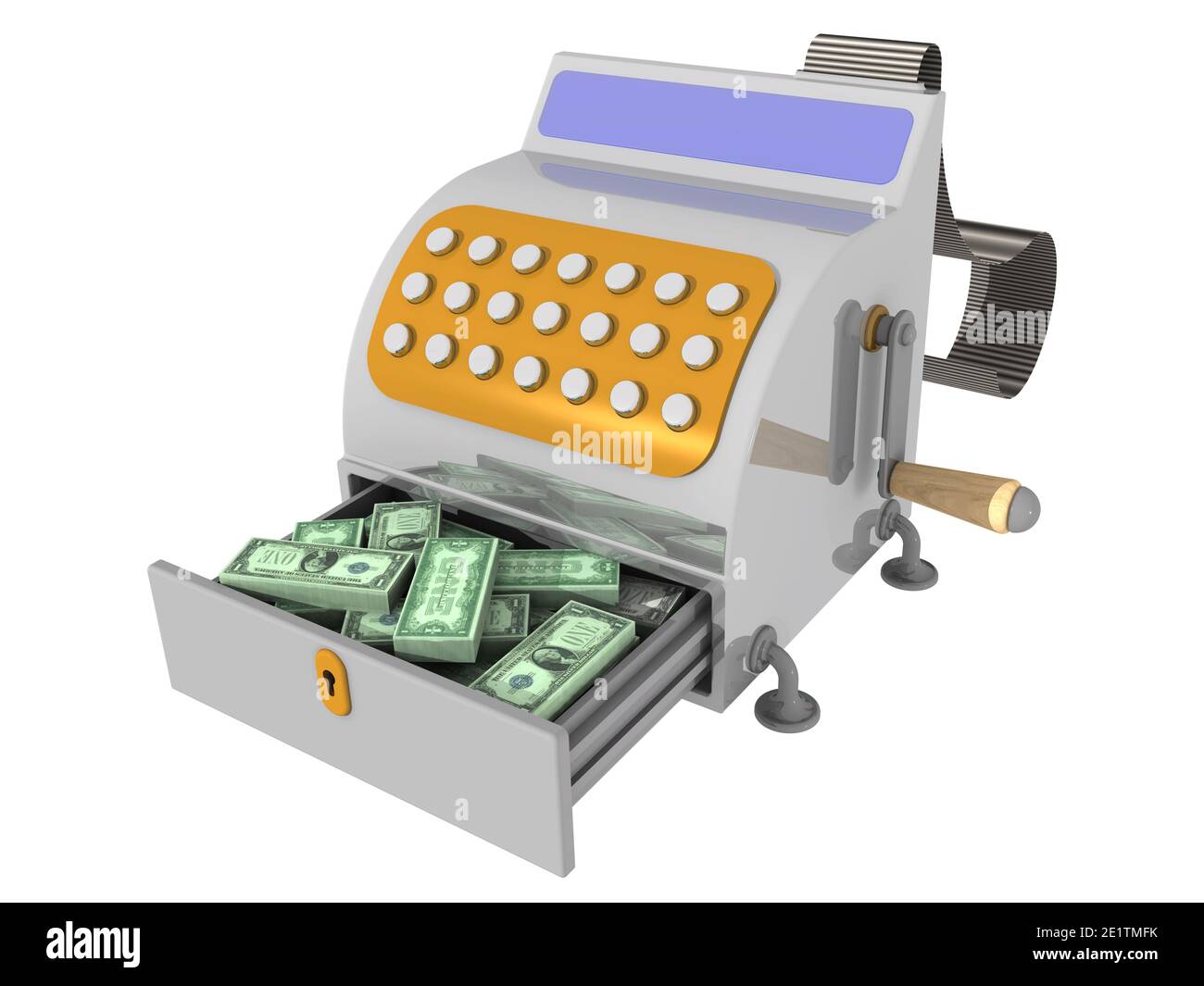 The cash register filled with the US dollars bills. The open cash ...