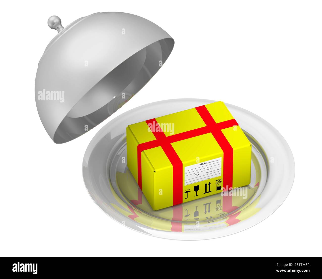 Package on a plate. Yellow parcel lies on a plate with cap. Isolated ...
