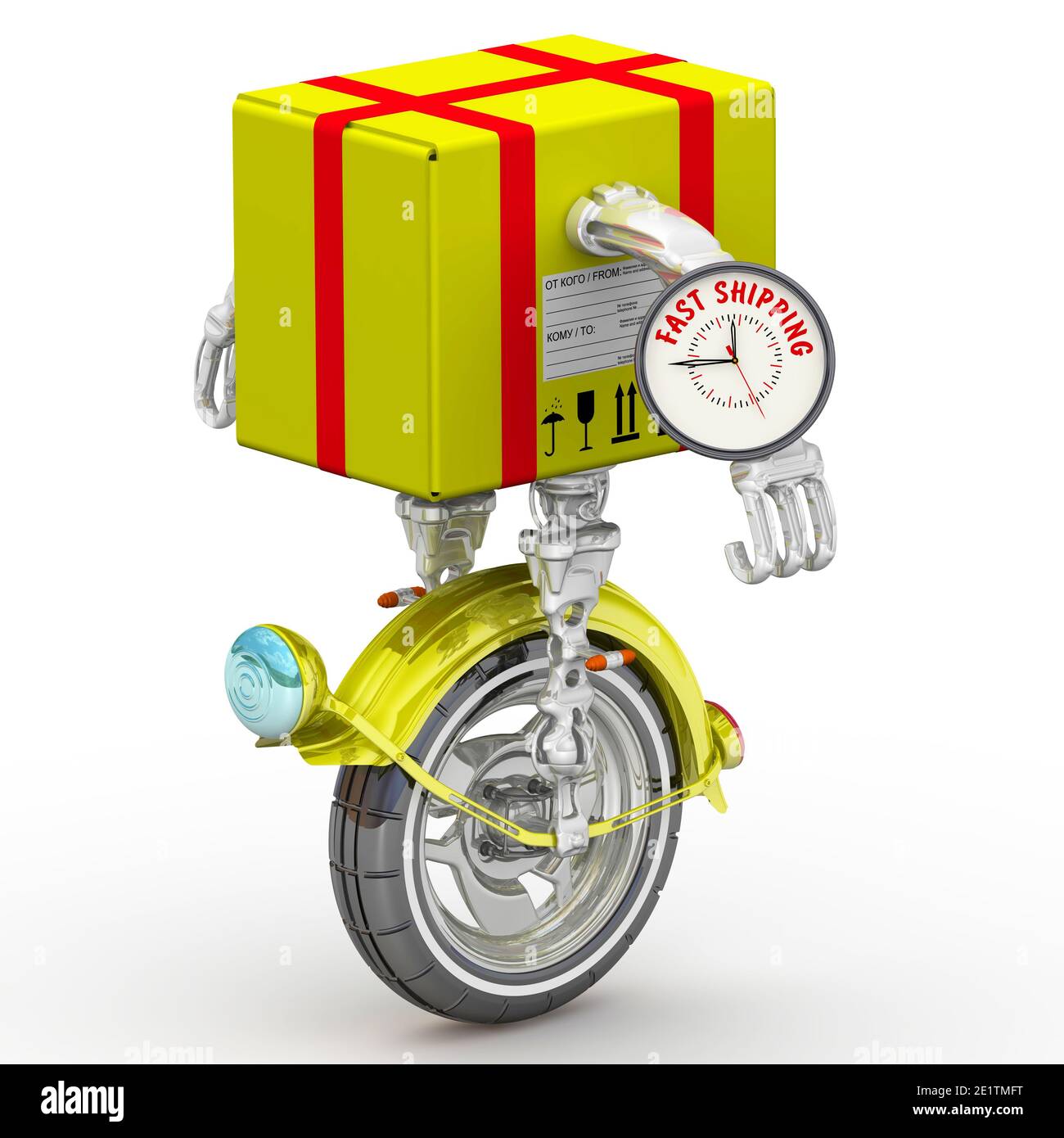 Fast shipping. Package as a robot on the monowheel. Yellow parcel as a ...