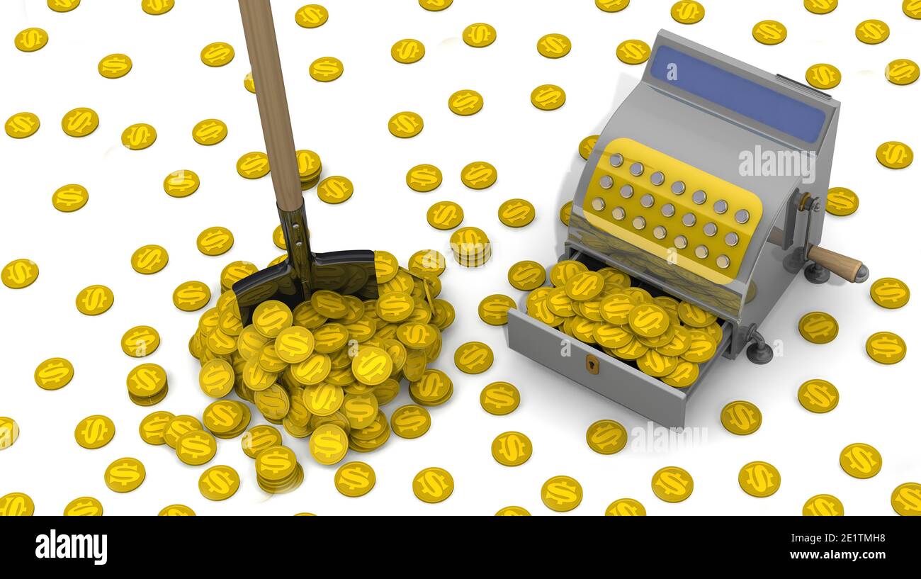 Financial success. The open cash register filled with USA coins, shovel ...