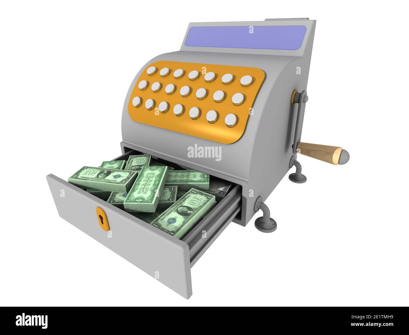 The open cash register filled with the US banknotes on a white surface ...