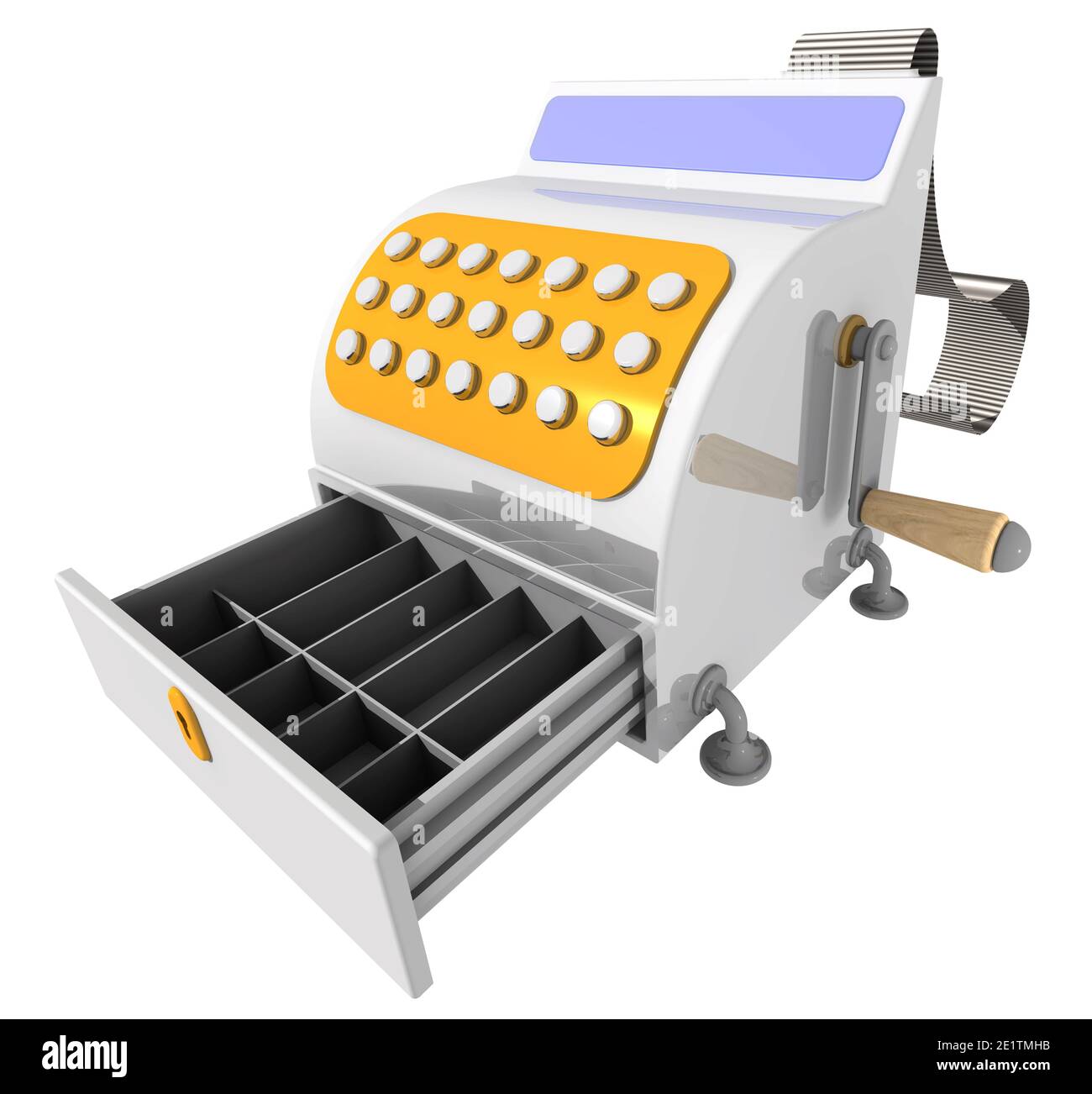 An empty cash register. Open an empty cash register on a white surface ...