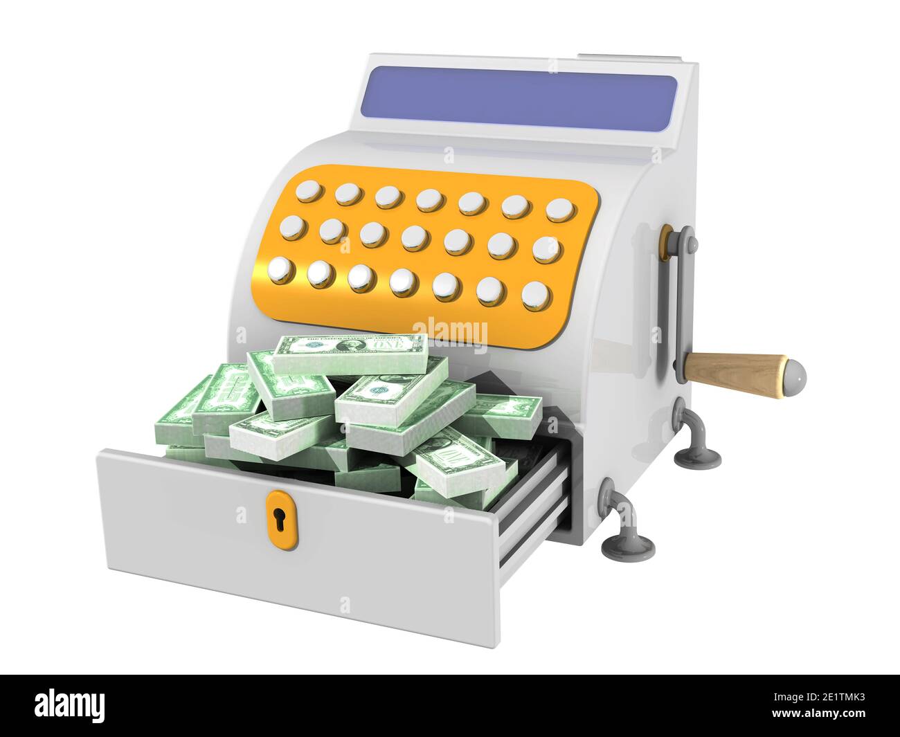 The open cash register filled with the US banknotes on a white surface ...