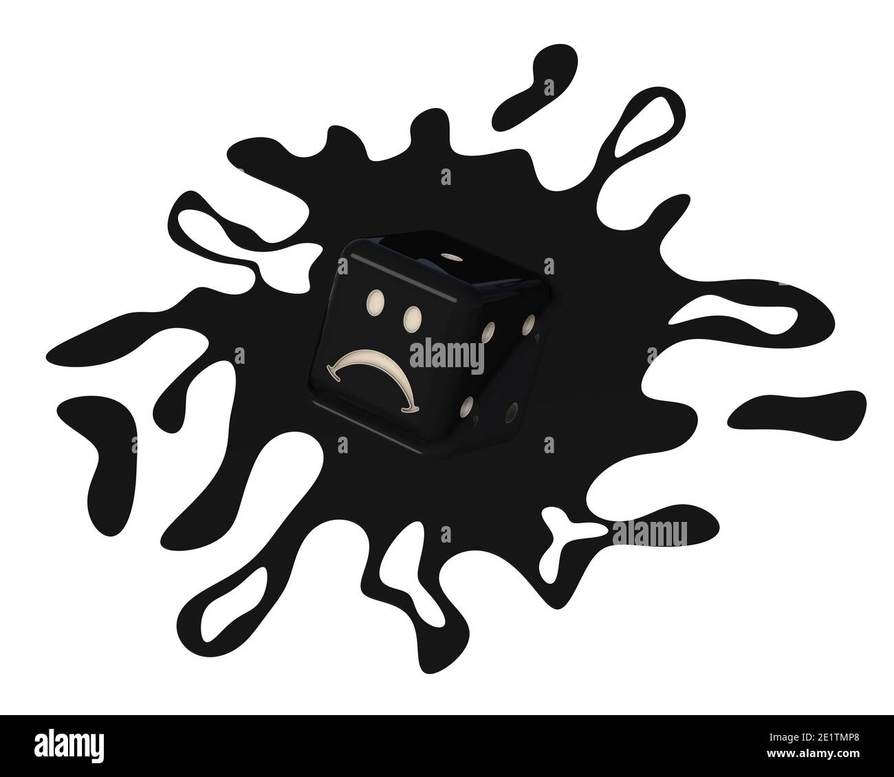 Sad melted dice. Sad molten black dice isolated on white background. 3D ...