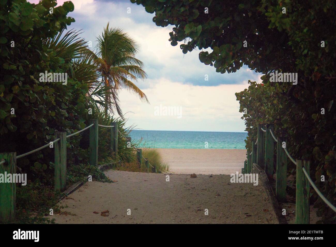 Sandy beach access with the view of Atlantic Ocean horizon, Florida ...