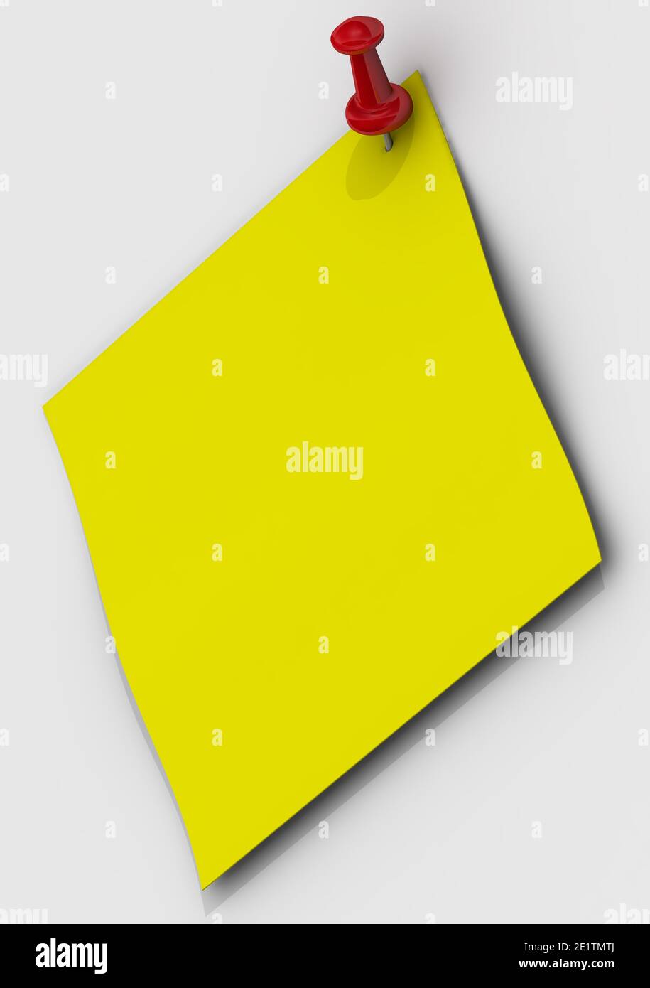 Note paper with pushpin. Yellow sheet for notes fastened on a white ...