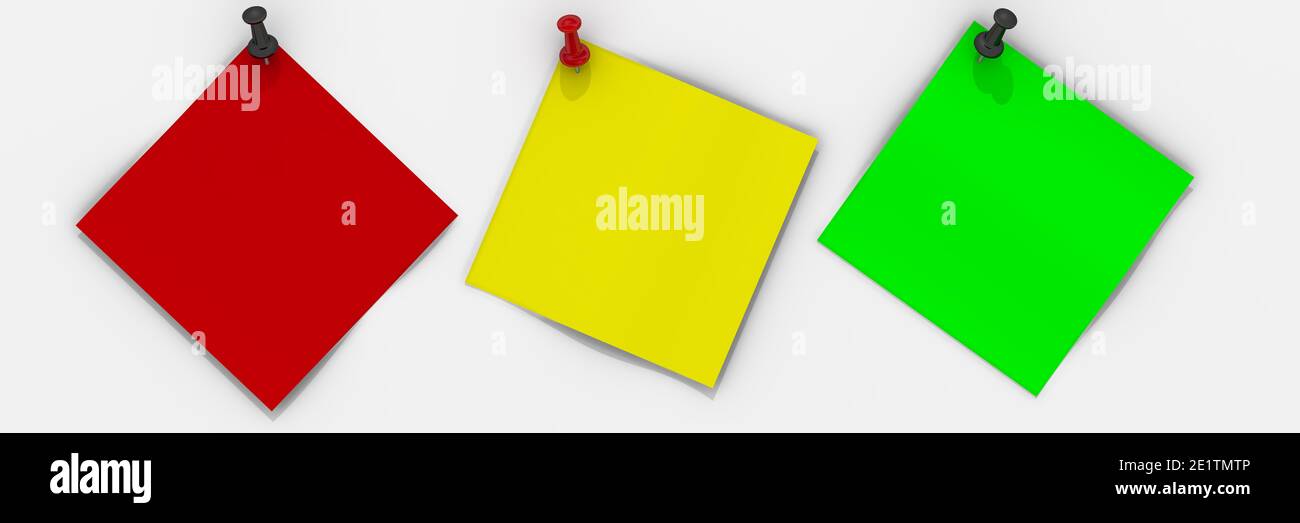 Note papers with pushpin. Sheets for notes fastened on a white wall ...