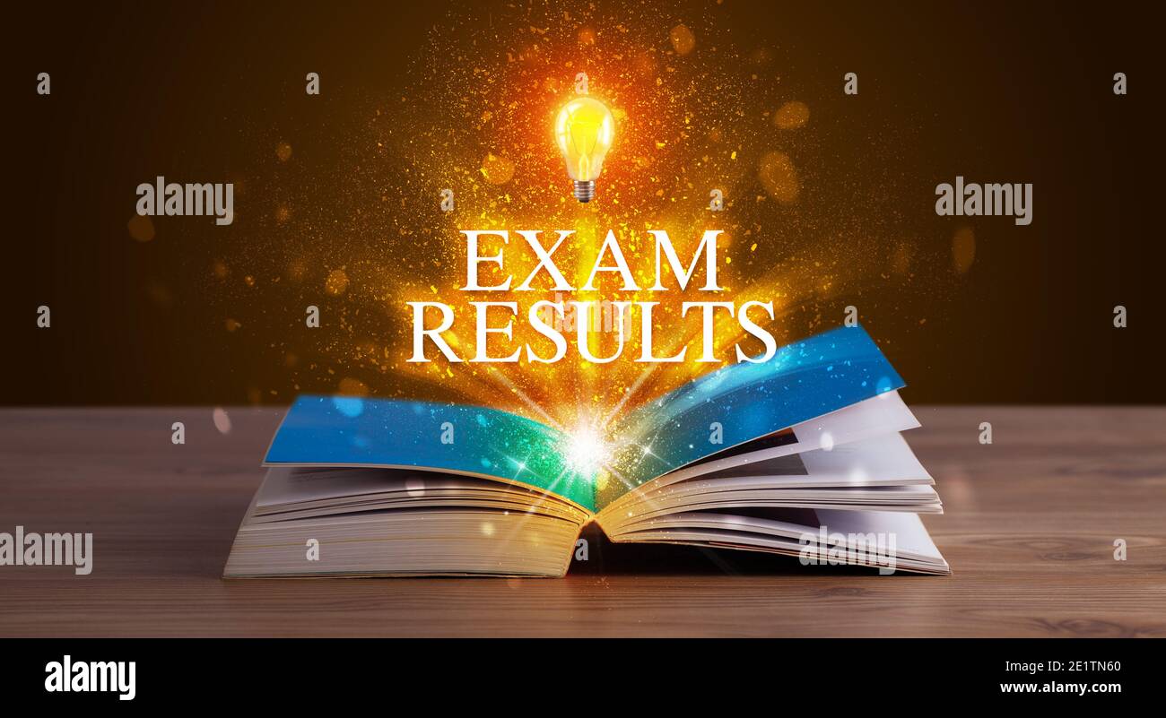 EXAM RESULTS inscription coming out from an open book, educational ...