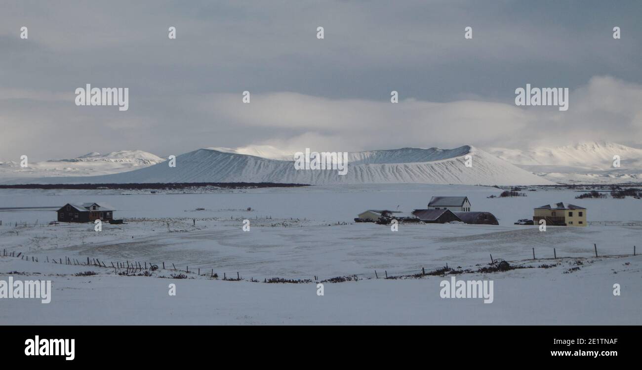 Panorama snowy winter landscape view of huge volcano cone crater ...