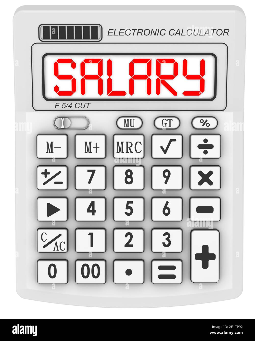 Payroll calculation. Word on display of calculator. Red word SALARY on ...