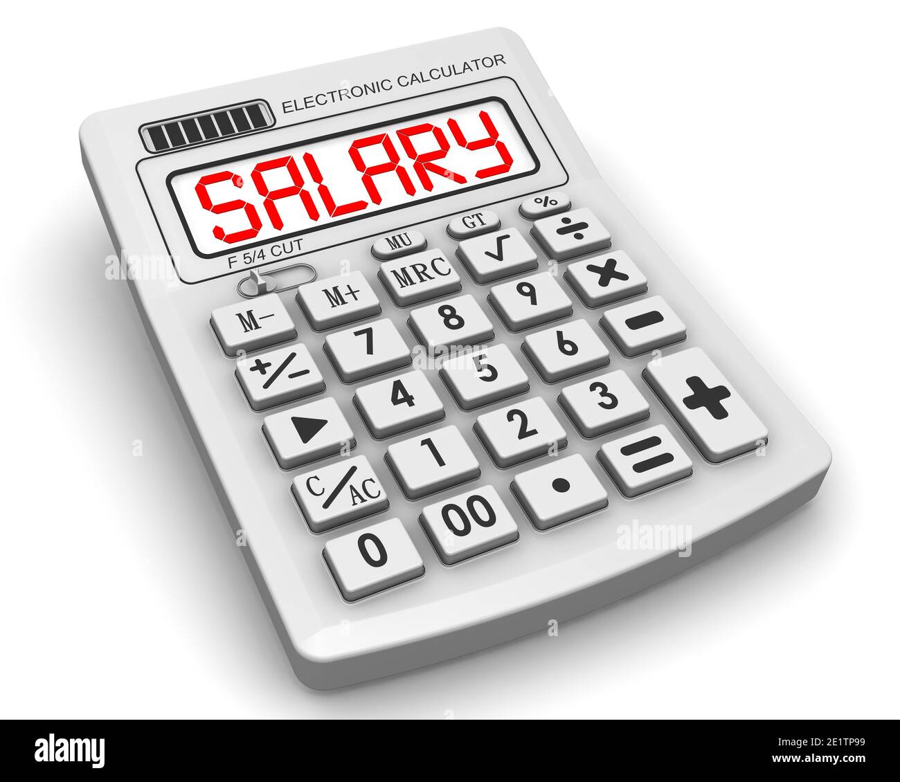 Payroll calculation. Word on display of calculator. Red word SALARY on ...