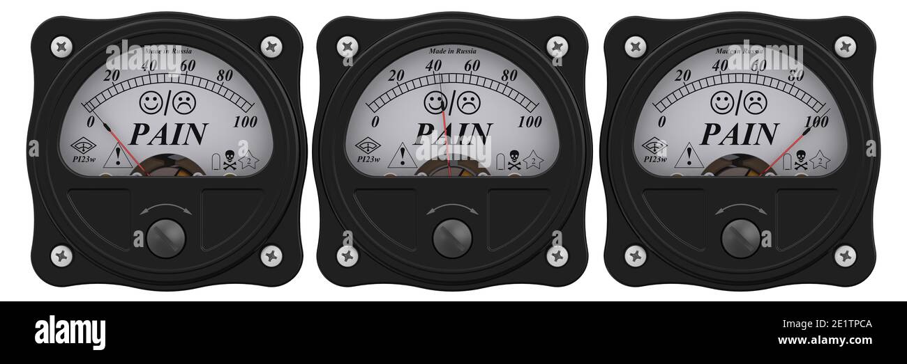 Indicator of pain. Set of black analog indicators showing the level of ...