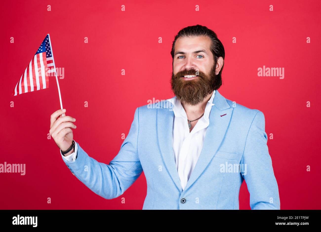 American man celebrate Independence day. Happy guy hold american flag ...