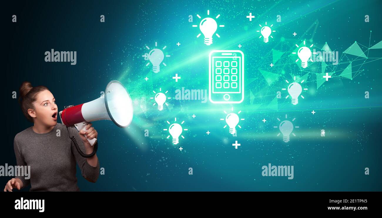 Young person yelling in loudspeaker with smartphone icon, modern ...