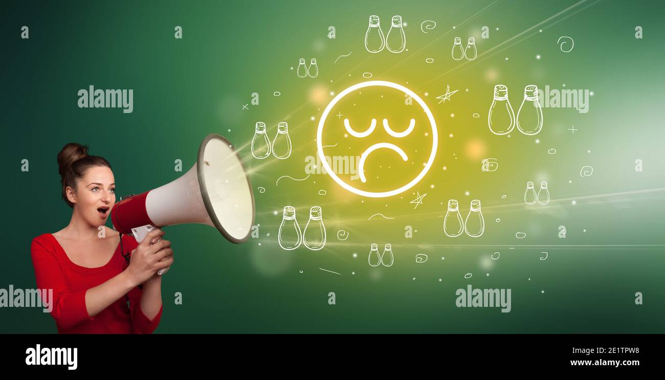 Young person shouting in megaphone and displeased emoticon icon ...