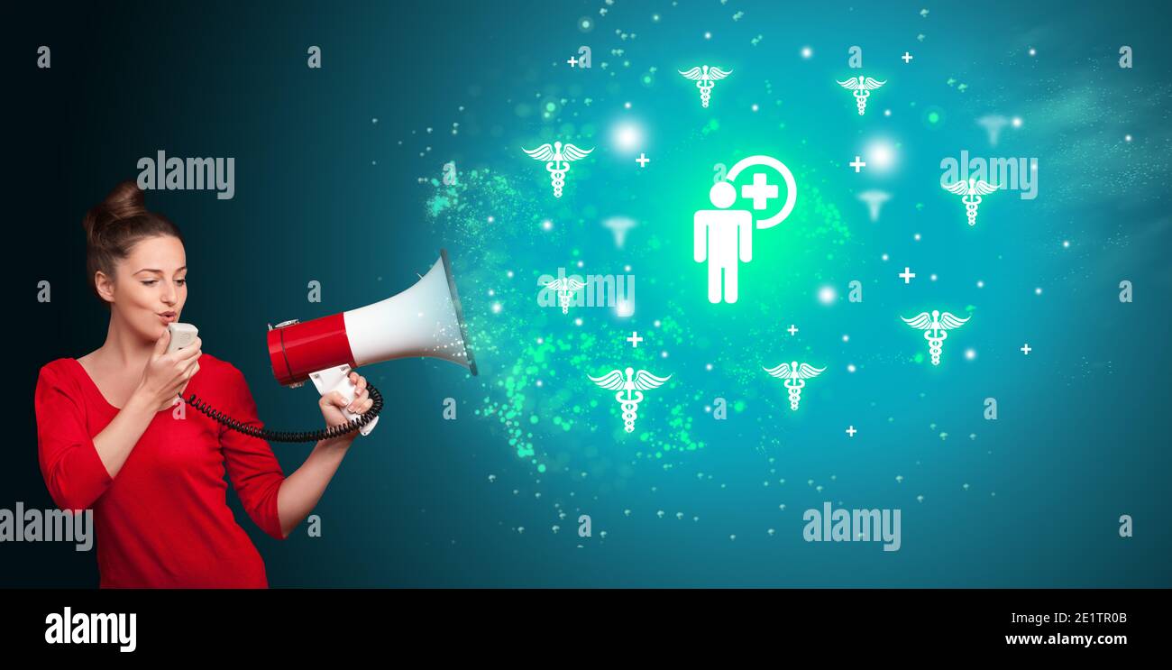 Young person shouting in megaphone and healthcare worker icon, medical ...