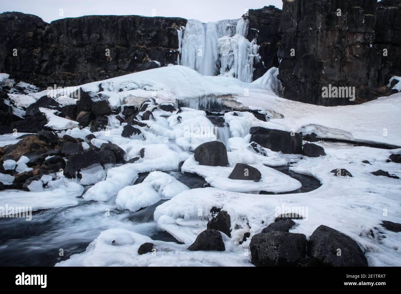 Winter wonderland panorama of frozen waterfall Oxararfoss Oxara river ...