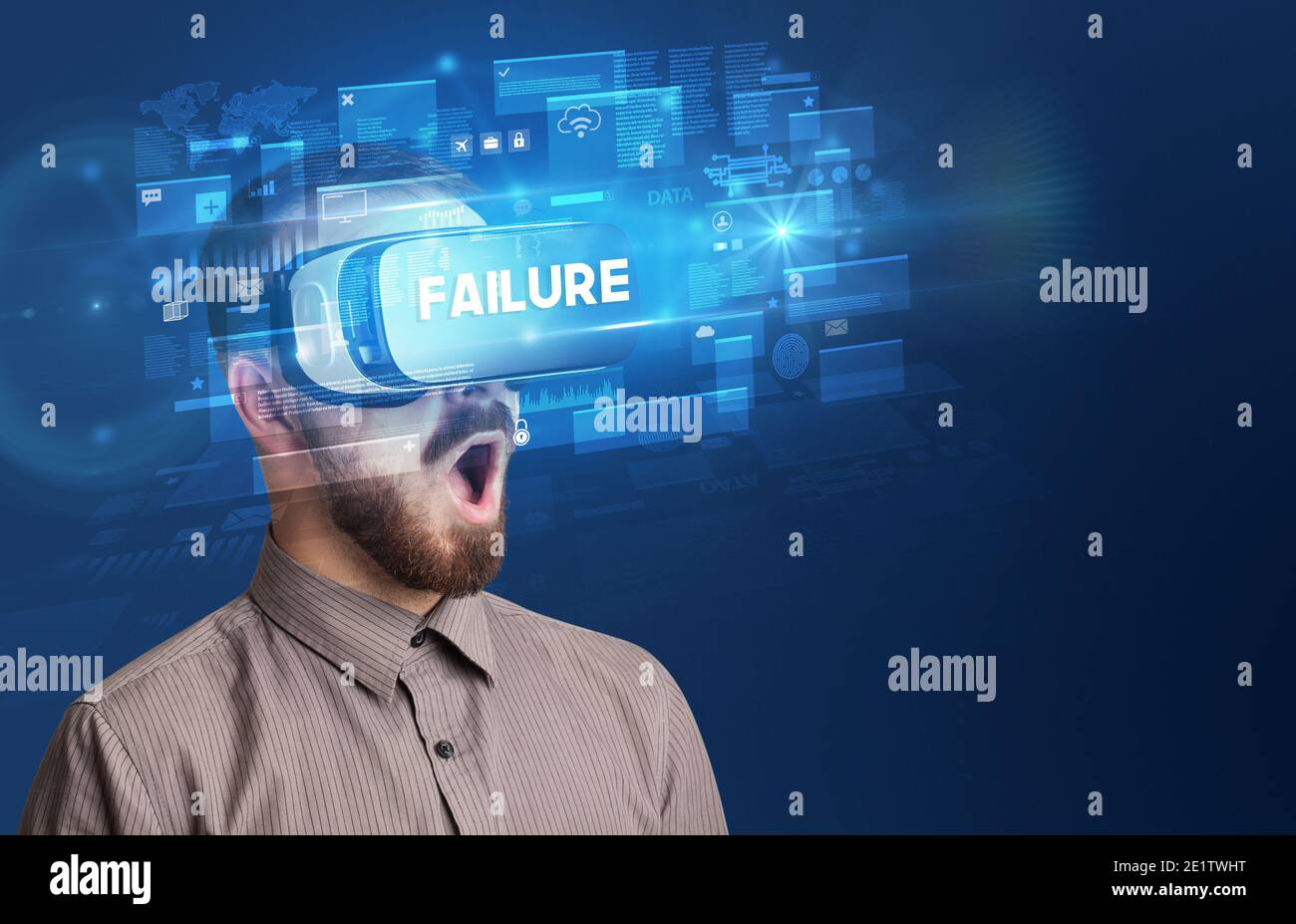 Businessman looking through Virtual Reality glasses with FAILURE ...