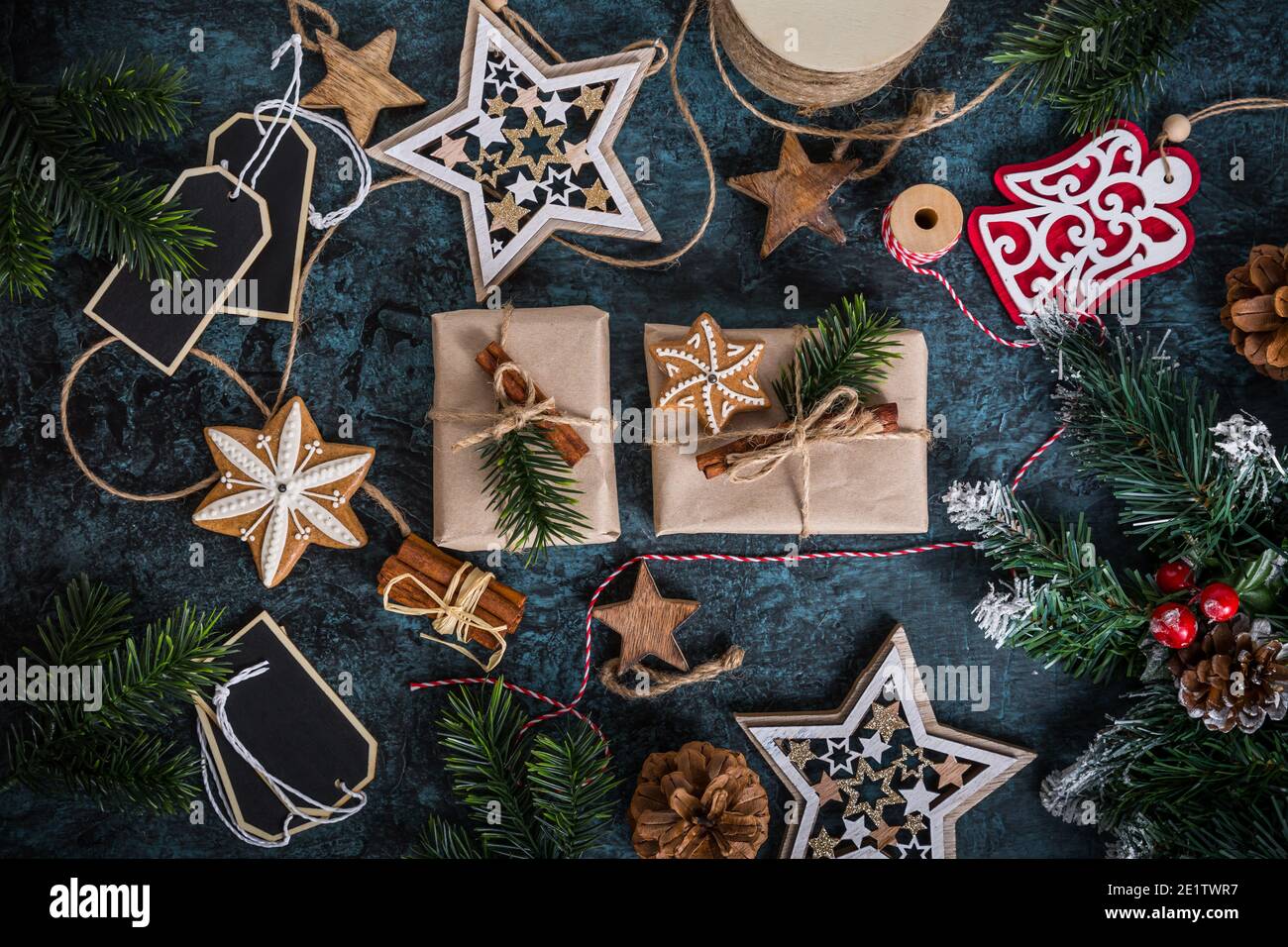 Handmade wrapped christmas gift boxes with decorations and wrapping ...
