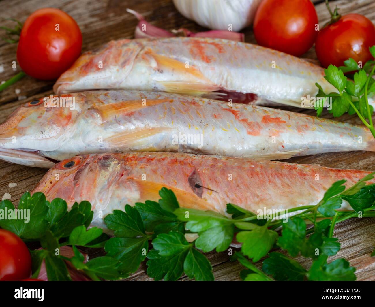 red mullet on an old wooden board background with typical ingredients ...