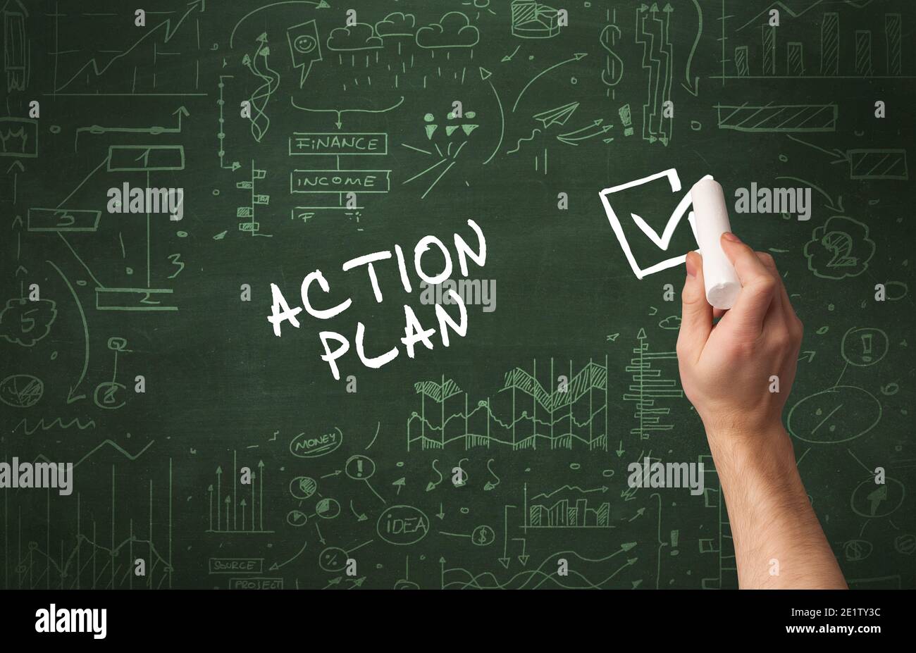 Hand drawing ACTION PLAN inscription with white chalk on blackboard ...