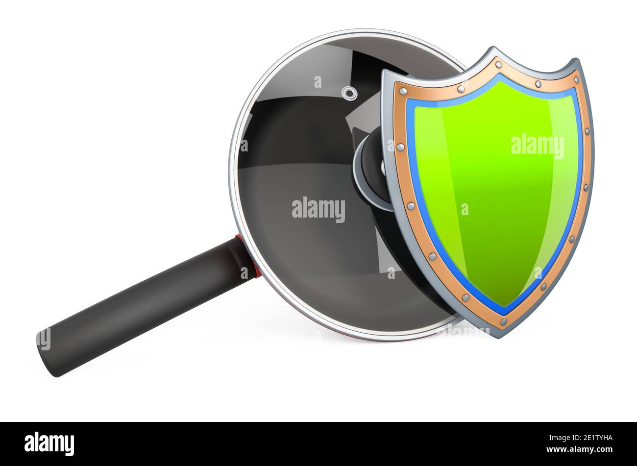 Frying pan with shield, 3D rendering isolated on white background Stock ...
