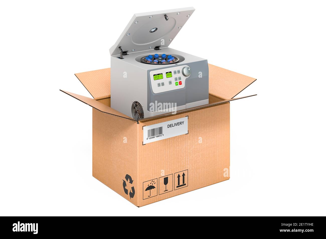 Laboratory centrifuge inside cardboard box, delivery concept. 3D ...