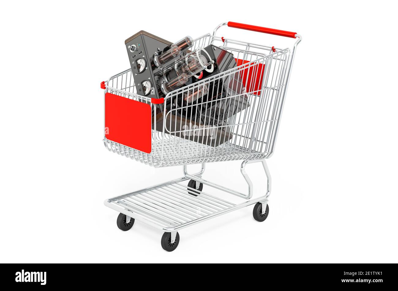 Shopping cart with electronic amplifier. 3D rendering isolated on white ...