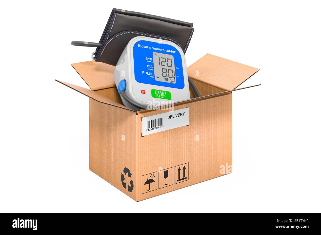 Electronic sphygmomanometer inside cardboard box, delivery concept. 3D ...