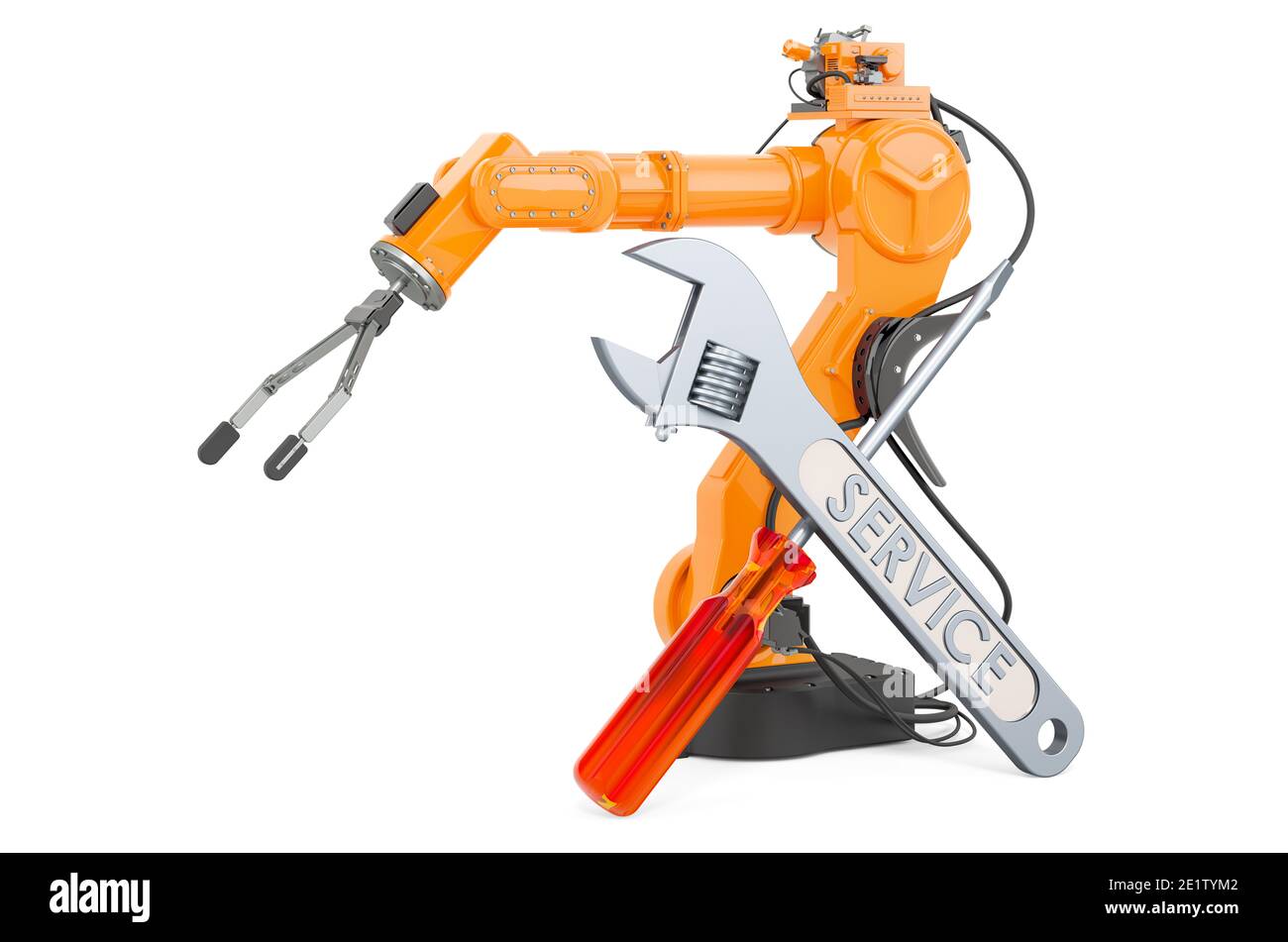 Service and repair of mechanical robotic arm, 3D rendering isolated on ...