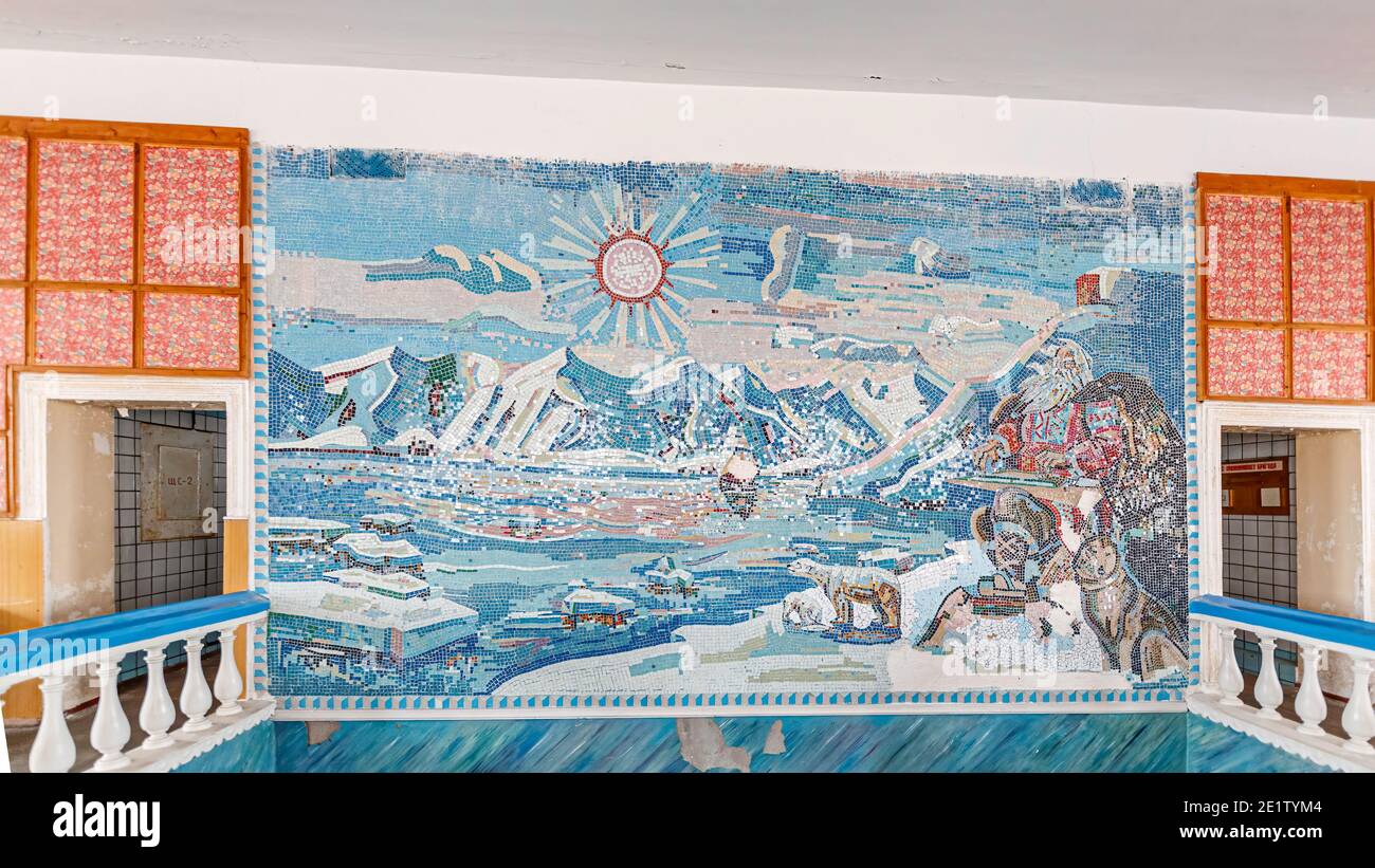 A fresco on the wall of the mess hall at Pyramiden, abandoned Russian ...