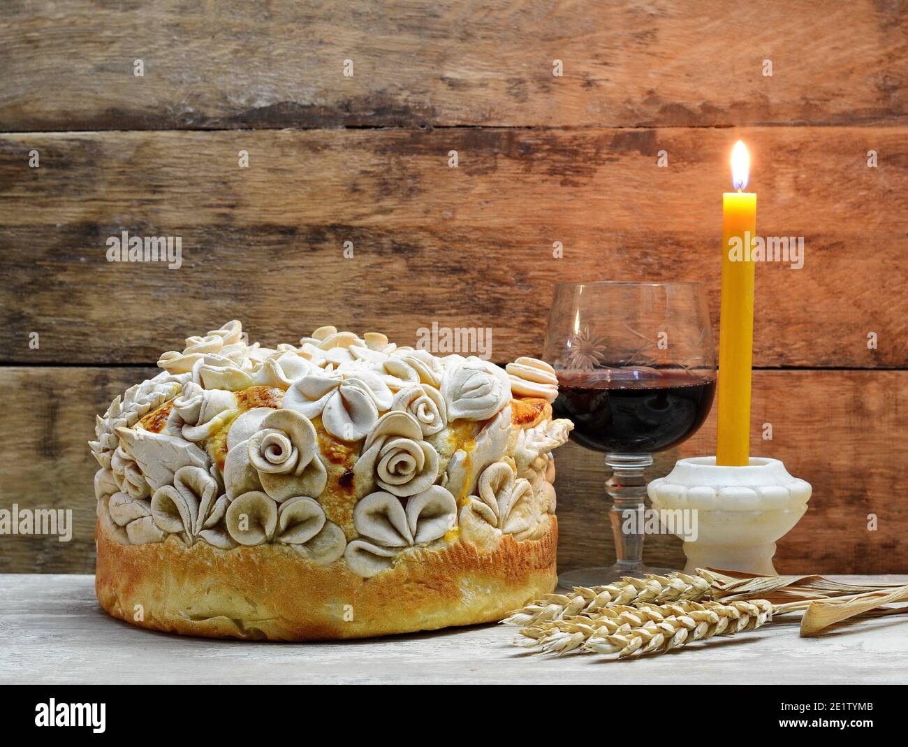 Homemade decorated Serbian slava bread with red wine Stock Photo - Alamy