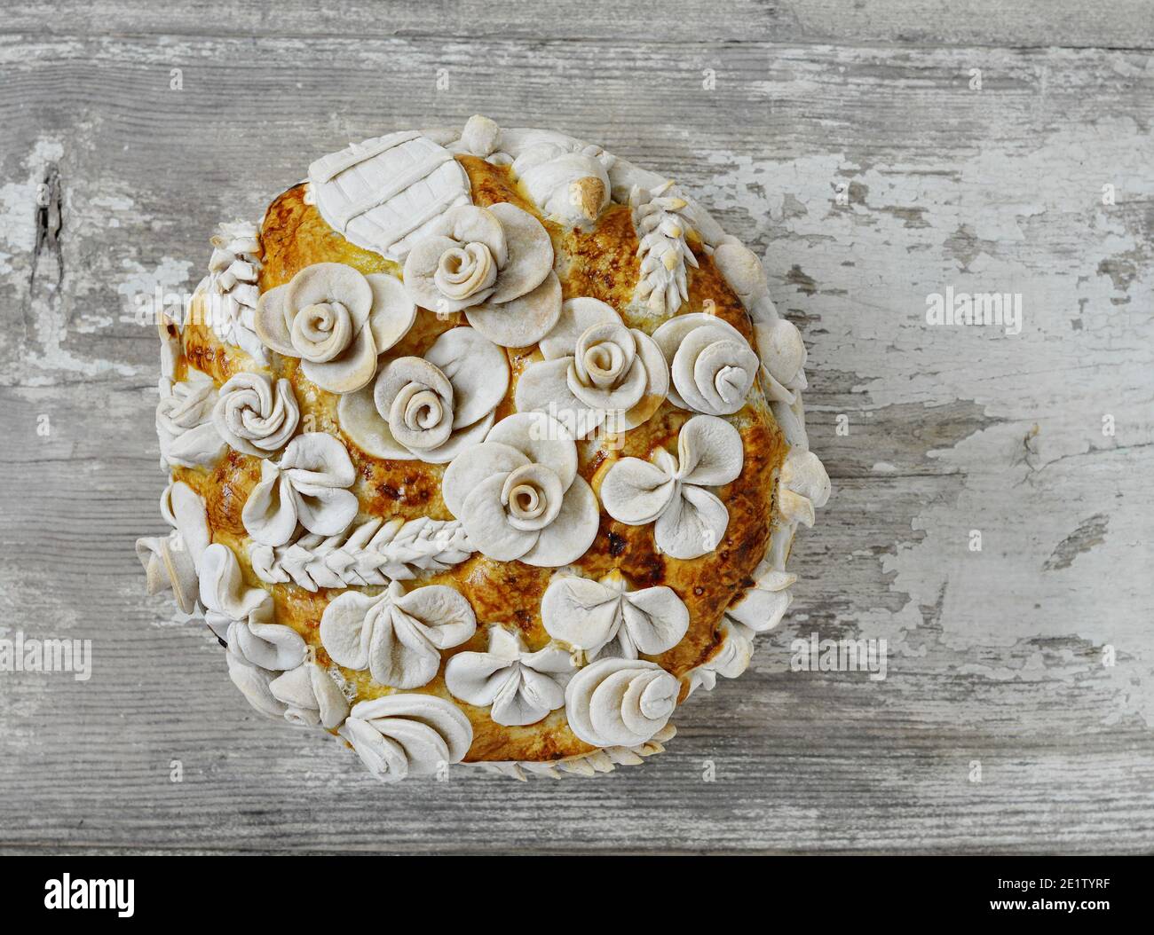 Homemade decorated Serbian slava bread on the rustic wooden board Stock ...