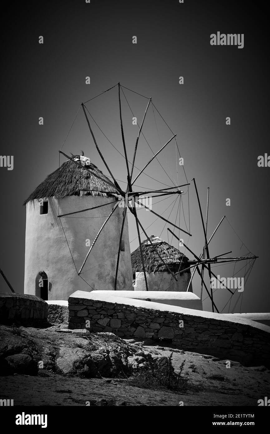 Greek rural landscape with windmills. Mykonos island, Greece. Black and ...